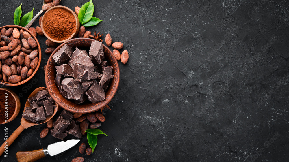 Cocoa beans, chocolate, cocoa butter and cocoa powder on a black ...