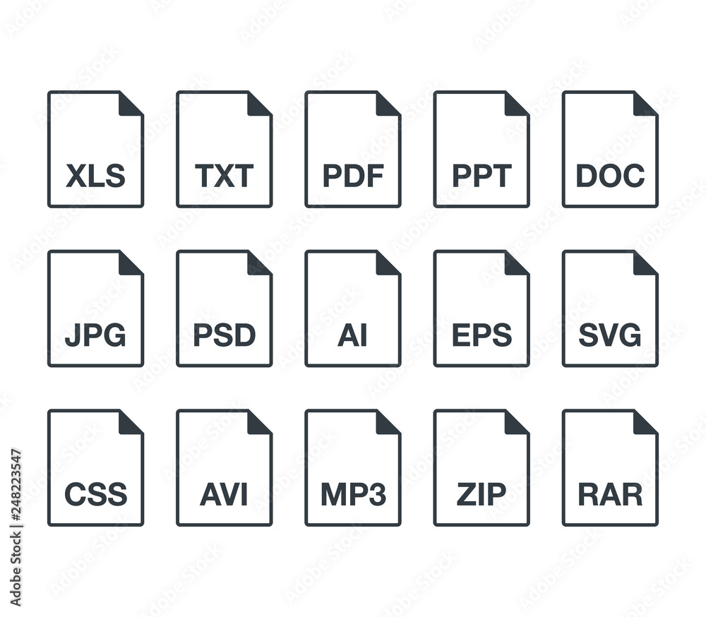 Black popular line document file format icons set. Multi types simple ...