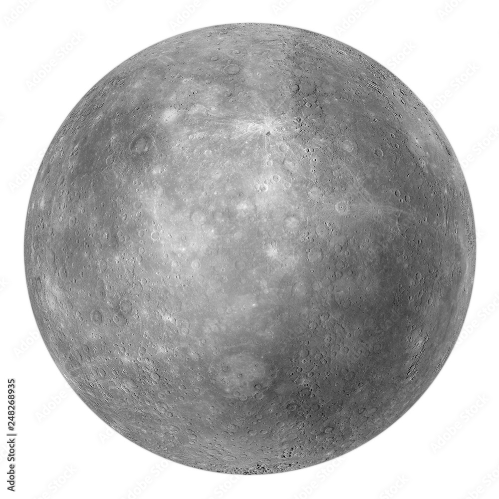 Full disk of Mercury globe from space isolated on white background ...