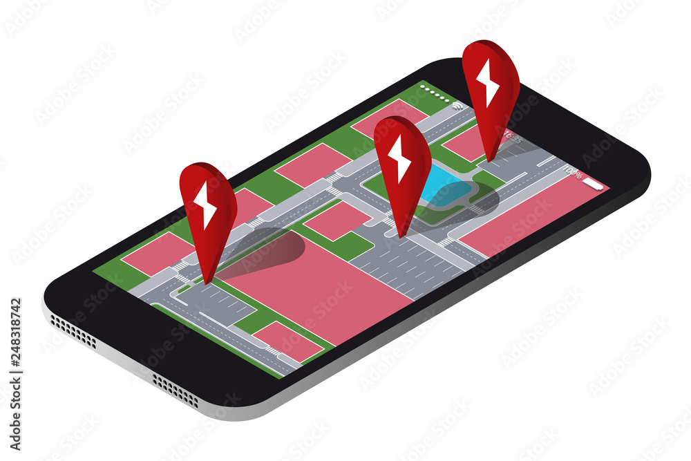 City map in a mobile phone with an application to search for electric ...
