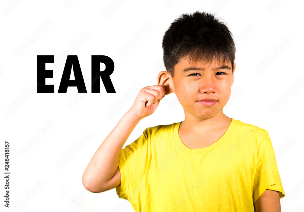 English language learning card with portrait of 8 years old child ...