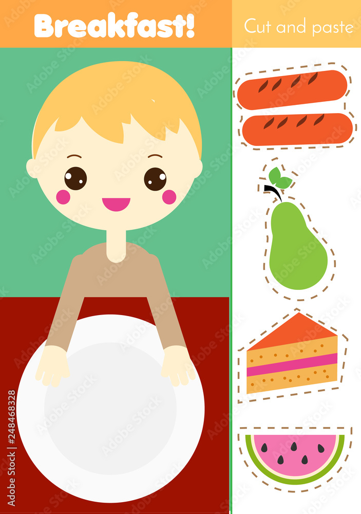 Cut and paste children educational game. Paper cutting activity. Make a ...