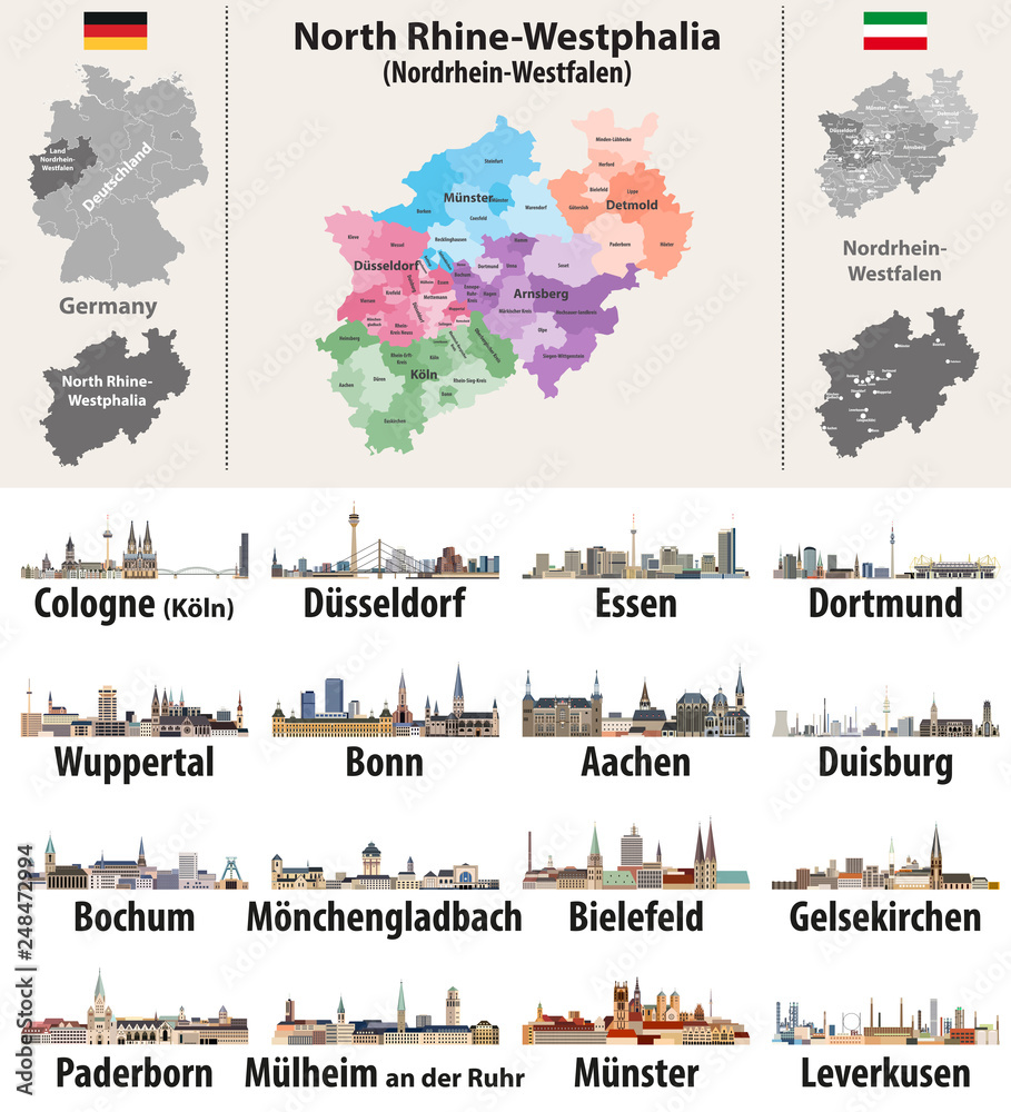 Germany state's North Rhine-Westphlia map with largest cities skylines ...
