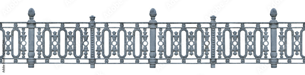 Long segment of metal fence with decoration, isolated on white ...