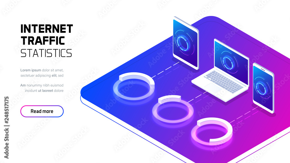 Internet traffic generation statistics with hologram 3d diagrams, device data analysis ...