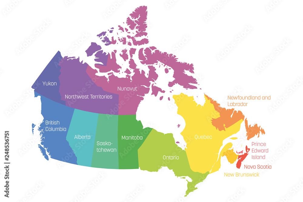 Map of Canada divided into 10 provinces and 3 territories ...