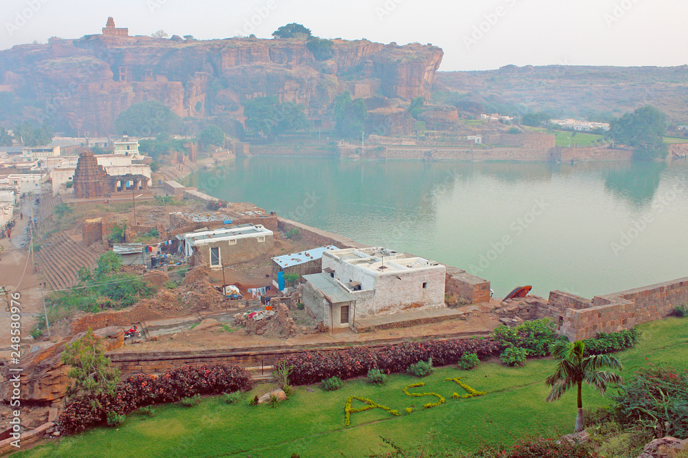 Lake Agusthya Teertha at Badami (with southern hill in background and ...