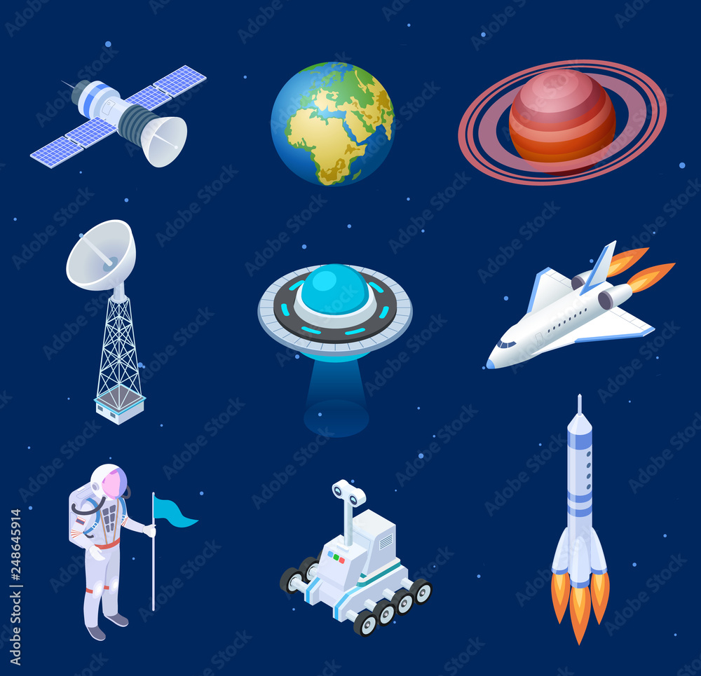 Isometric spaceships. Space satellite rocket telescope globe spaceman ...