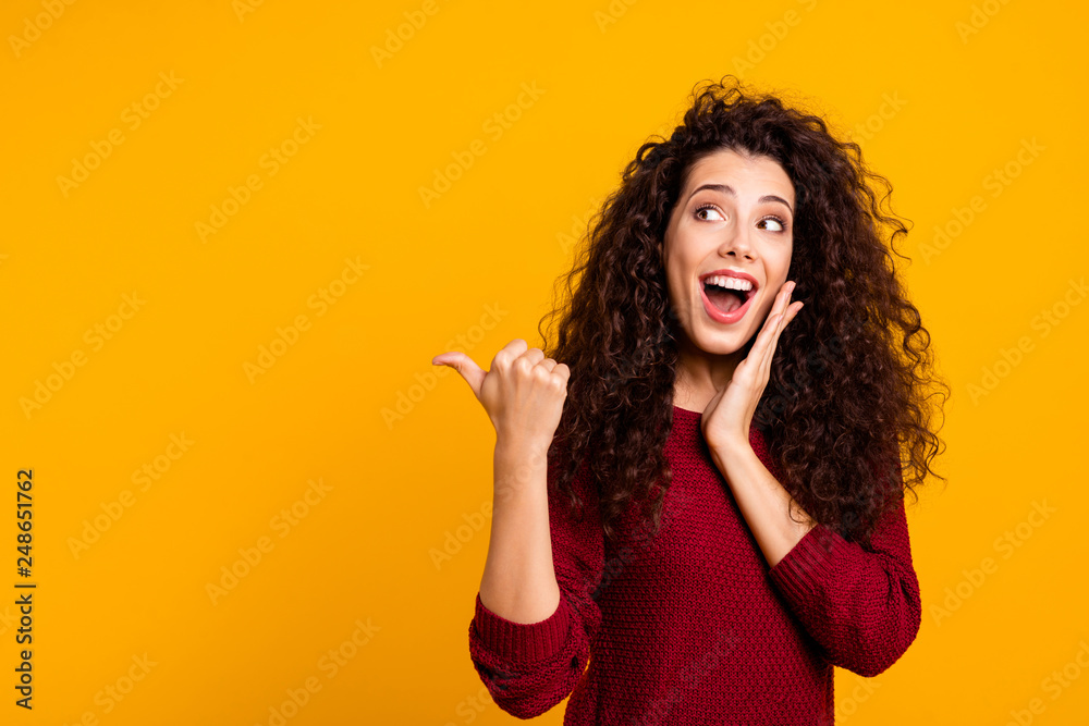 Close up photo beautiful cheerful amazing her she lady showing way one ...