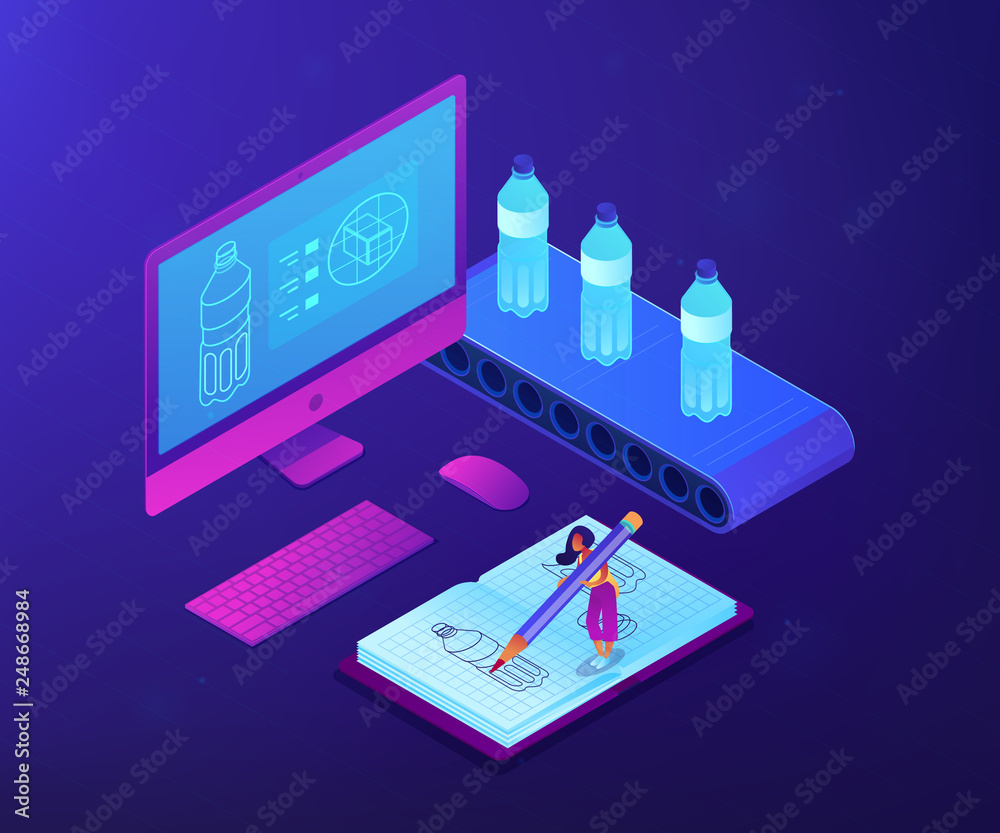 Designer drawing bottle blueprint, computer project and mass production ...