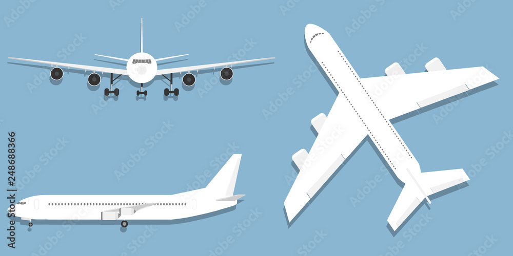 Aircraft, airplane, airliner in different point of view vector. Flying ...