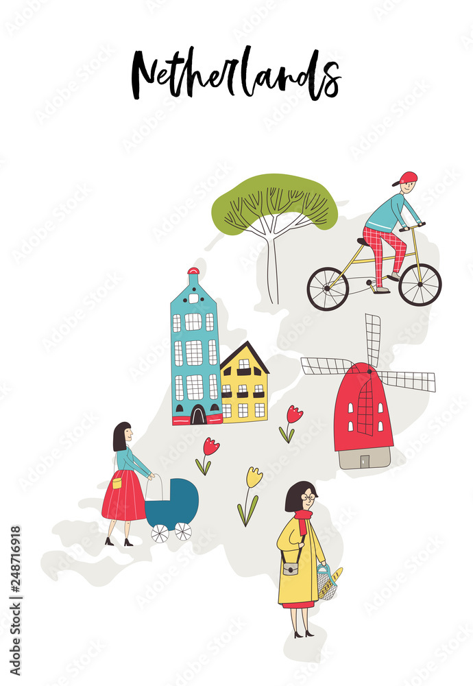 Illustrated Map of Netherlands with cute and fun hand drawn characters ...