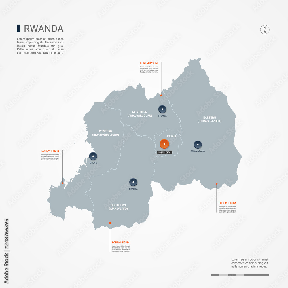 Rwanda map with borders, cities, capital and administrative divisions ...