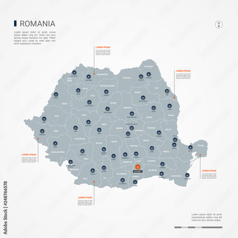 Romania map with borders, cities, capital and administrative divisions ...