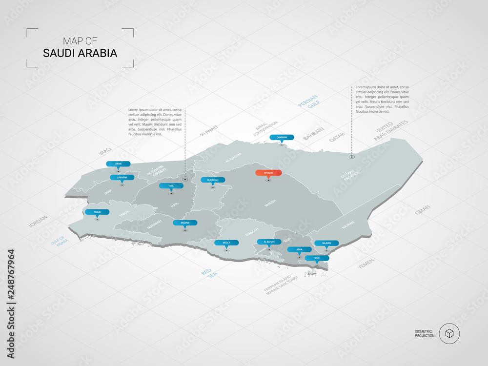 Isometric 3D Saudi Arabia map. Stylized vector map illustration with ...