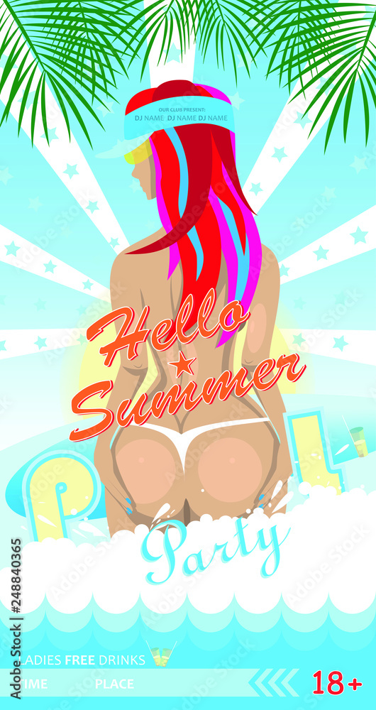 Summer beach bikini or pool party flyer with pretty realistic young sexy woman bottom and erotic ...