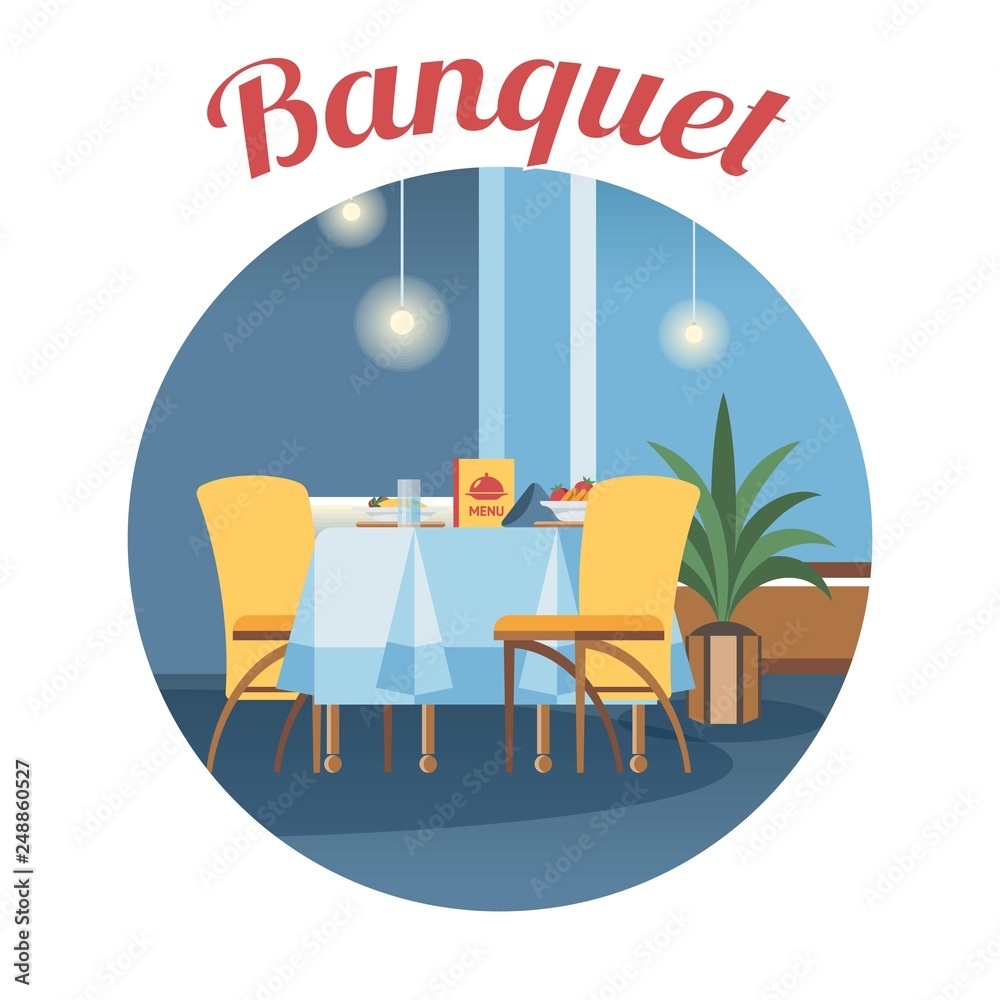 Banquet room, hall flat vector illustration. Restaurant, event center ...