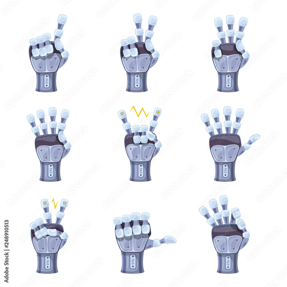 Vektor Robot hand gestures. Robotic hands. Mechanical technology ...