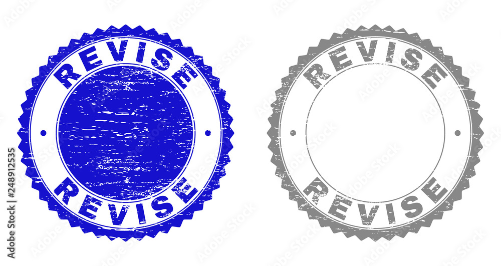 Grunge REVISE stamp seals isolated on a white background. Rosette seals ...