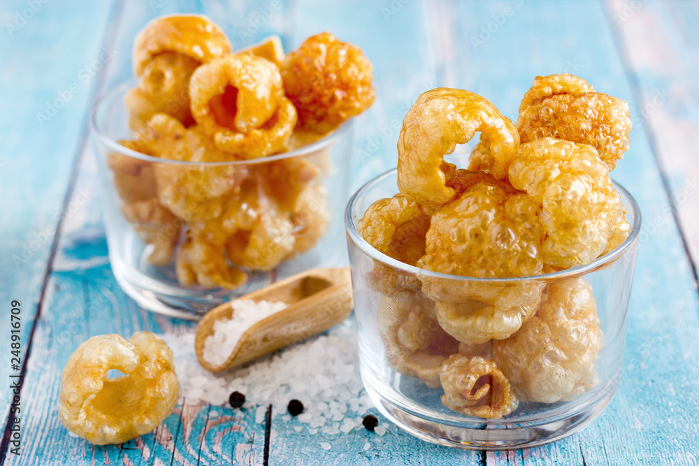 Chicharron - deep fried pork rinds, crispy pork skin pieces ...