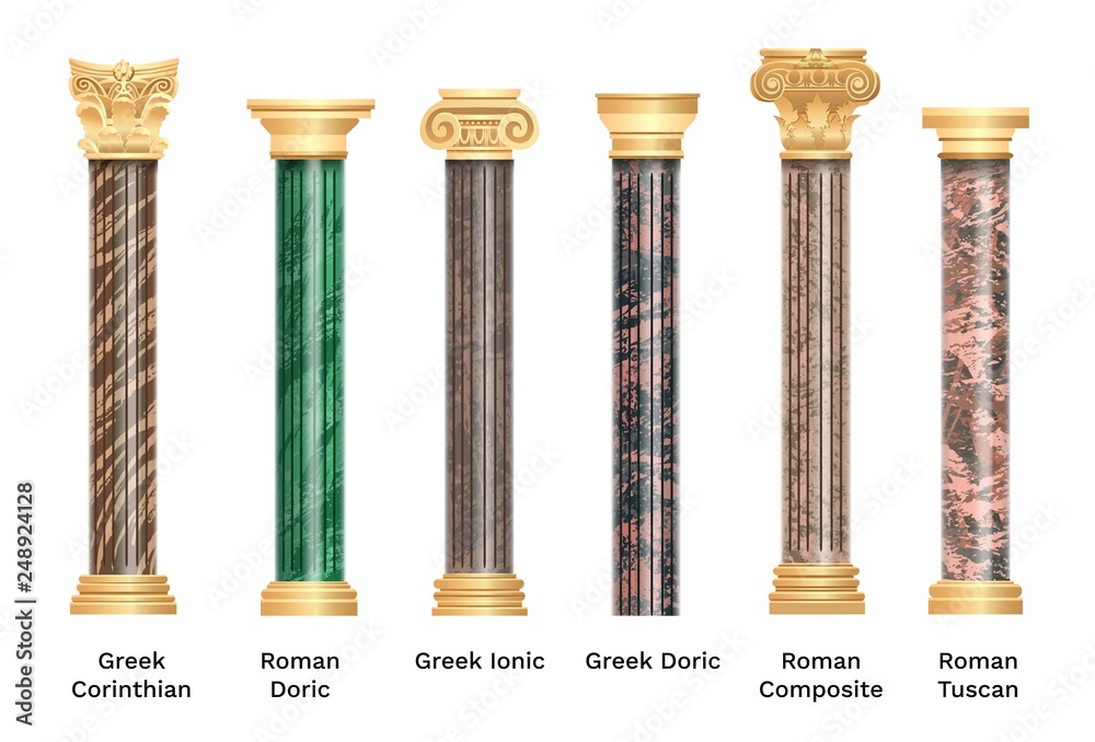 Realistic ancient pillars set isolated on white background. Different ...