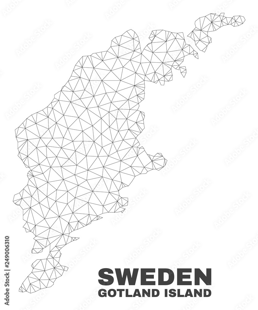 Abstract Gotland Island map isolated on a white background. Triangular mesh model in black color ...