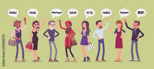 Hello greeting in languages and group of diverse people. Friendly men ...