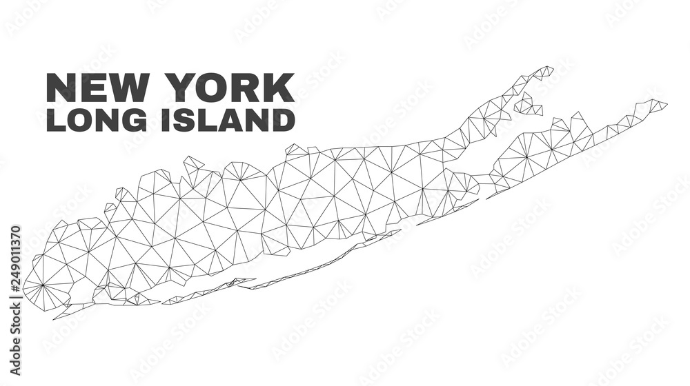 Abstract Long Island map isolated on a white background. Triangular mesh model in black color of ...