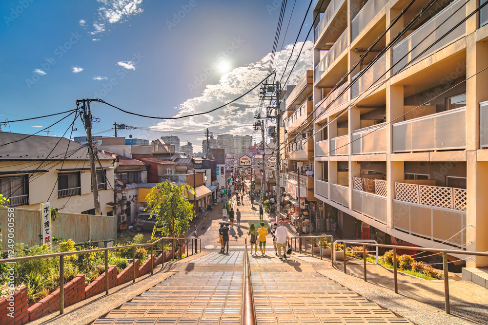 The famous Yuyakedandan stairs which means Dusk Steps at Nishi-Nippori in Tokyo. The landscape ...