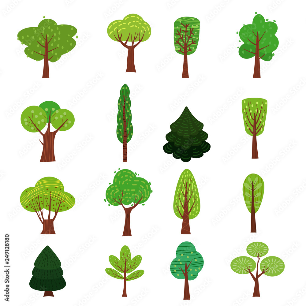 Set of trees forest green color stylized cute style, various shapes ...