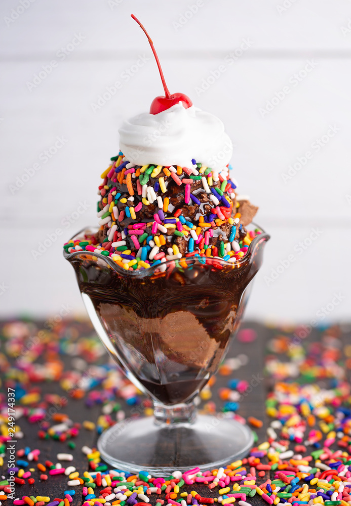 Stock Foto Chocolate Ice Cream Sundae with Chocolate Syrup and Rainbow Sprinkles Adobe Stock