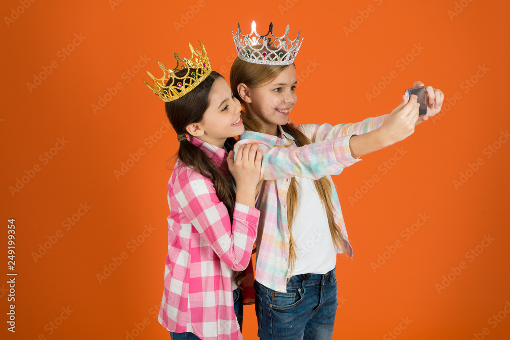 Demand more attention. Kids wear golden crowns symbol princess. Warning ...