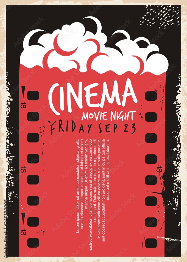 Cinema movie poster with film strip and pop corn. Movie night flyer ...