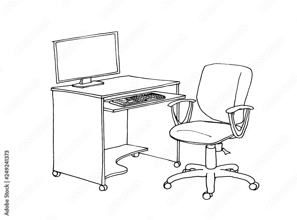Graphic sketch desktop computer desk liner. Stock Illustration Adobe Stock