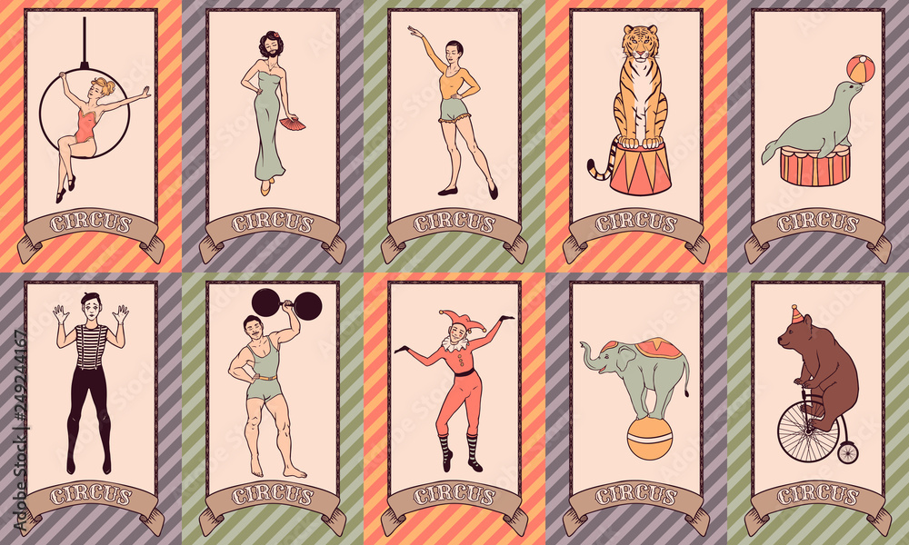 Vintage circus hand drawn characters set, performers, people and ...
