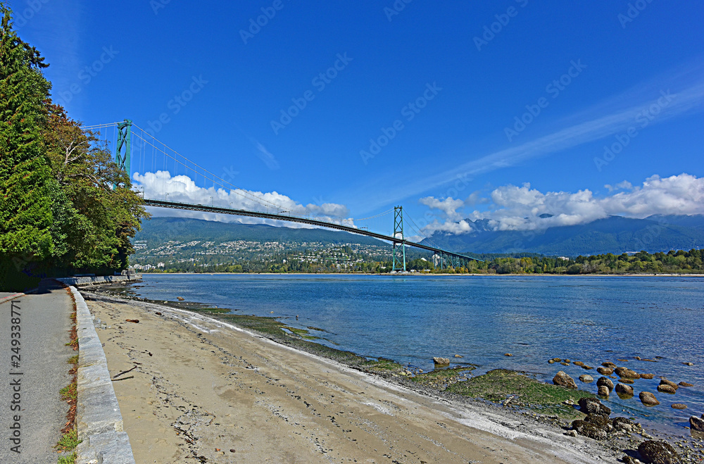 Lion's Gate Bridge and Vancouver Harbor from the Stanley Park Bike path ...
