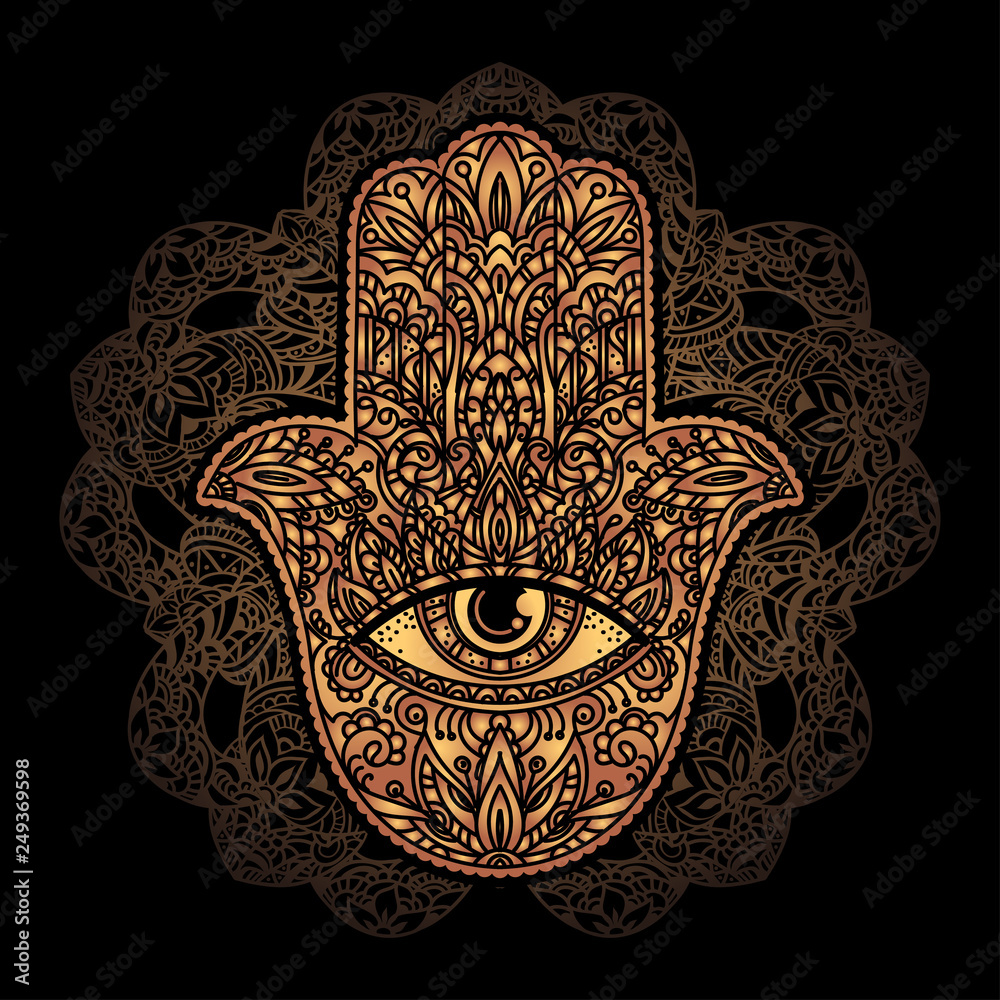 Hand drawn golden ornate amulet Hamsa Hand of Fatima. Ethnic amulet ...