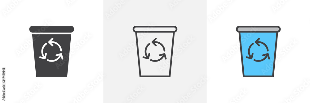Recycle bin icon. Line, glyph and filled outline colorful version ...