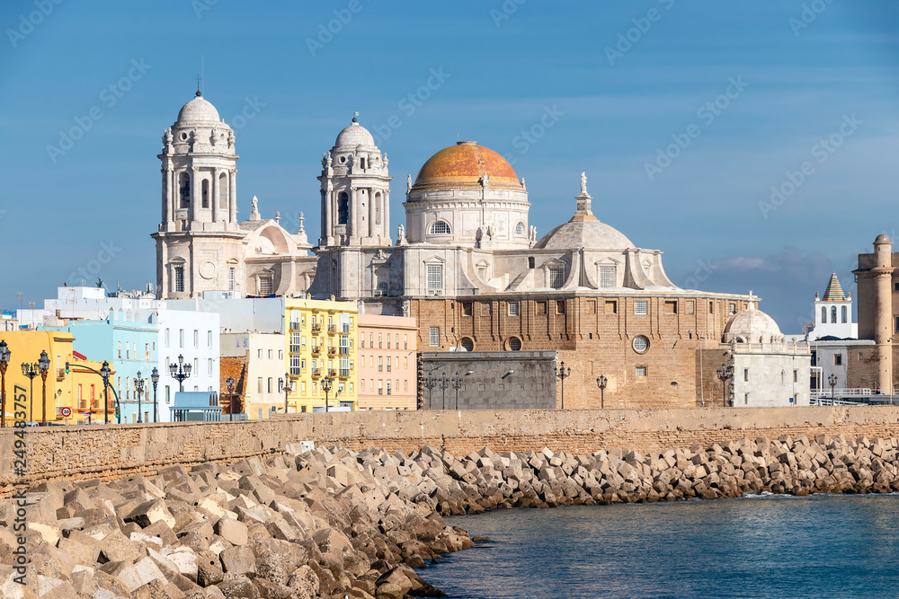Seaside view in CaView of Cadiz Cathedral from promenadediz Andalusia ...