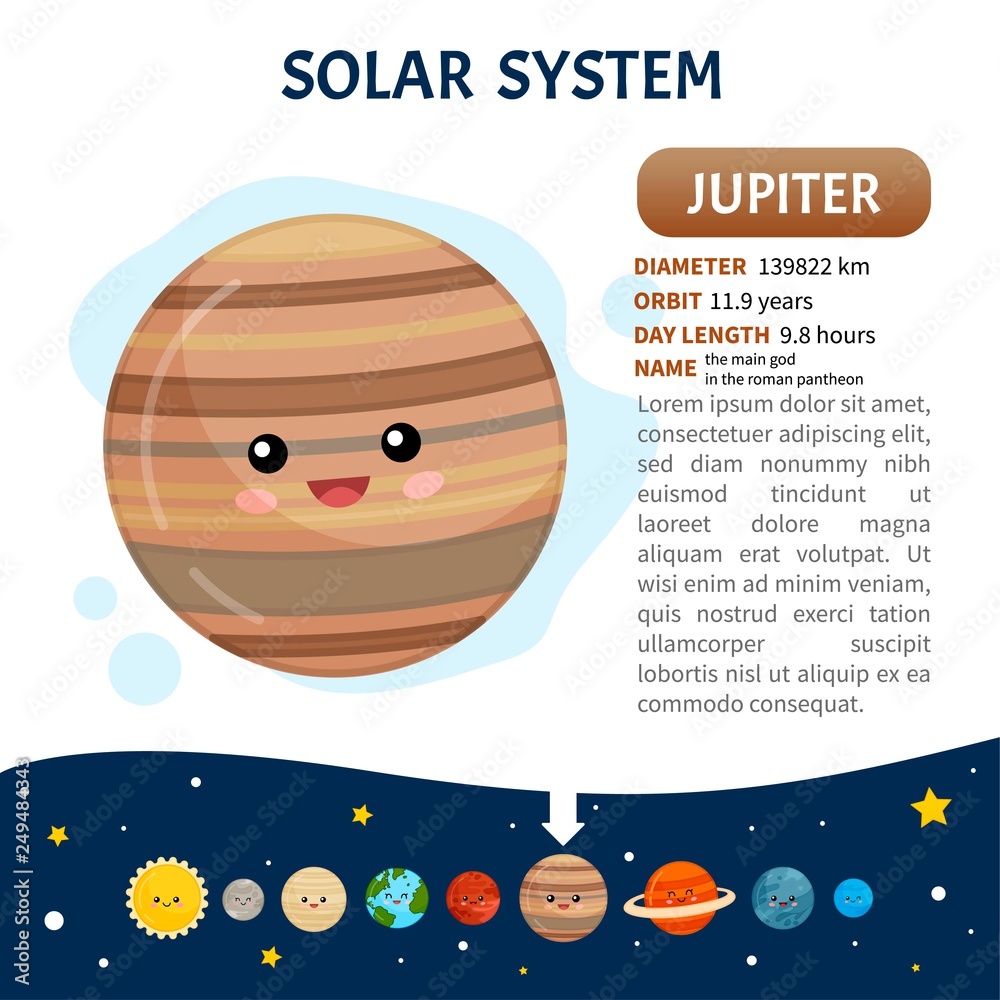 Vector poster solar system. Planet Jupiter. Brief information and place ...