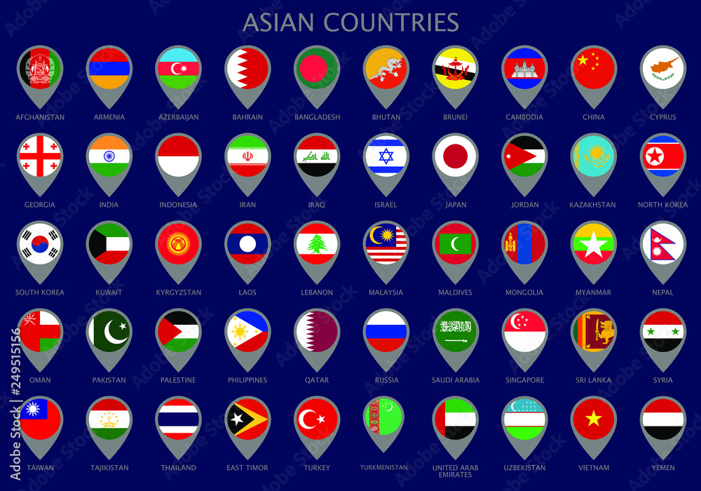 Image vectorielle Stock Map pointers with all national flags of the ...
