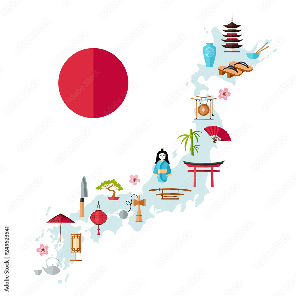 Tourist map of Japan. Symbols and landmarks of the country on the map ...