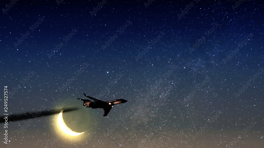 business jet airplane flying across moon on beautiful starry night sky ...