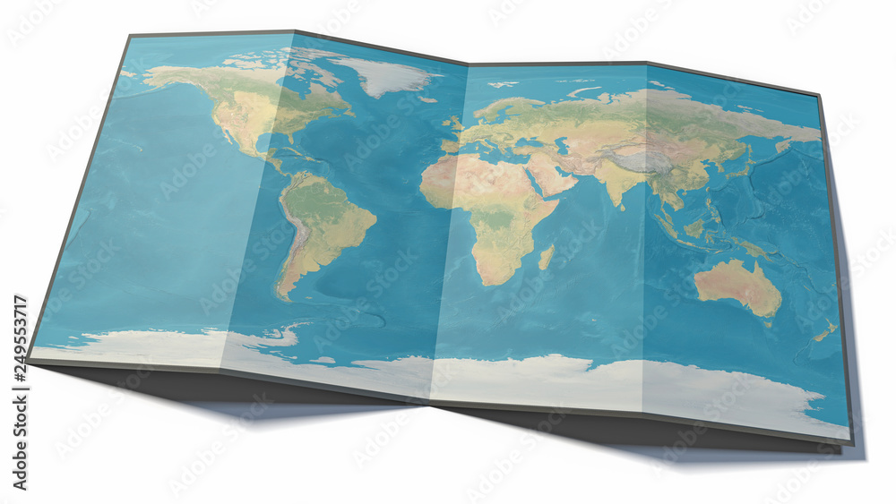 World map drawn on a folded sheet, planisphere leaning on a surface, 3d ...