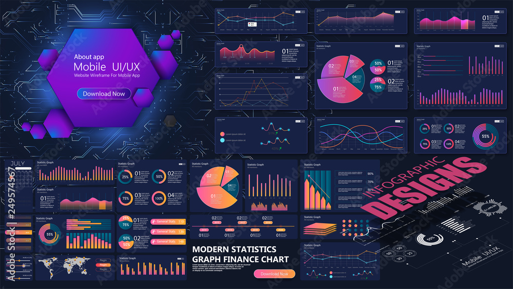 Modern infographic vector template with statistics graphs and finance ...