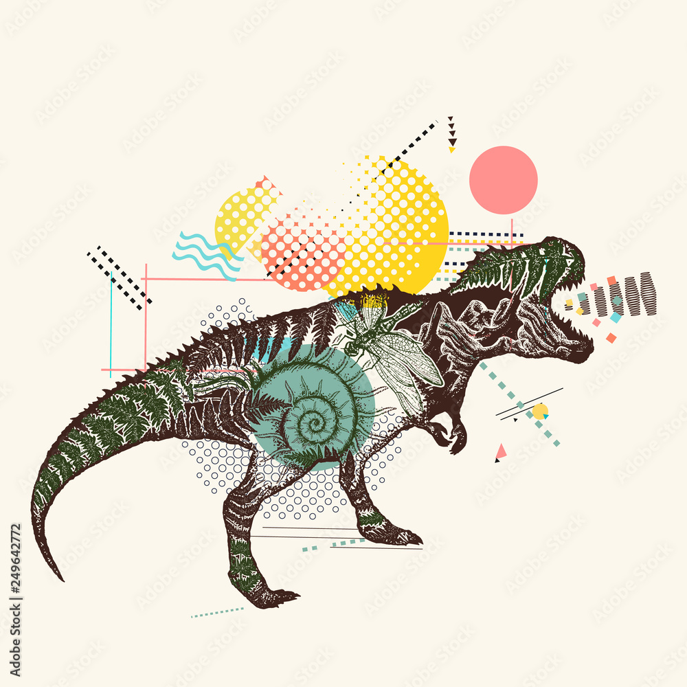 T-Rex dinosaur monster. Tyrannosaur double exposure. Symbol of ...
