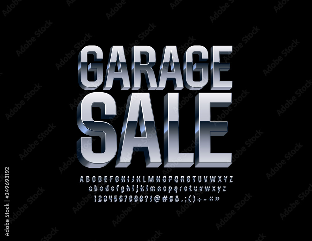 Vector metallic sign Garage sale with 3D Font. Silver Alphabet Letters ...
