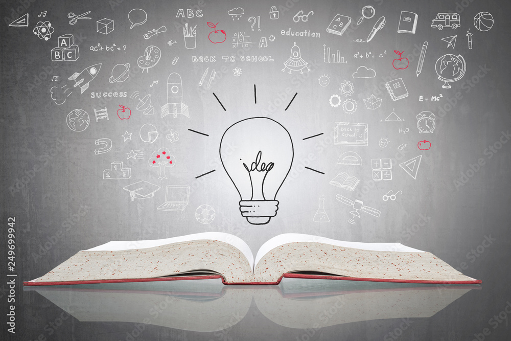 Innovative light bulb on book with doodle for World intellectual property day and education ...