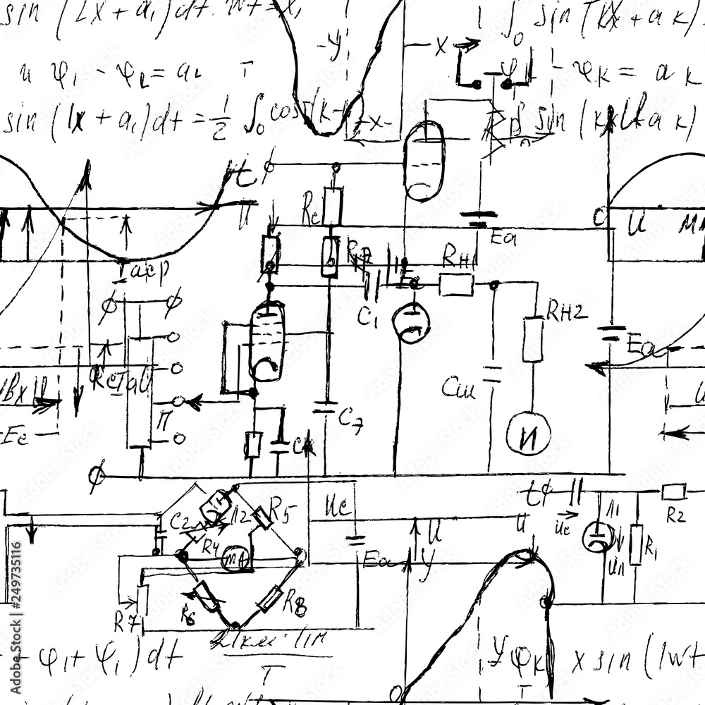Scientific seamless texture with handwritten formulas and electronic ...