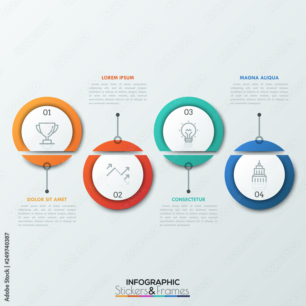Four dissected circular elements with thin line pictograms and numbers ...